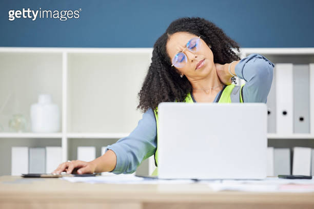 Woman architect, laptop and neck pain in stress, burnout or overworked ...
