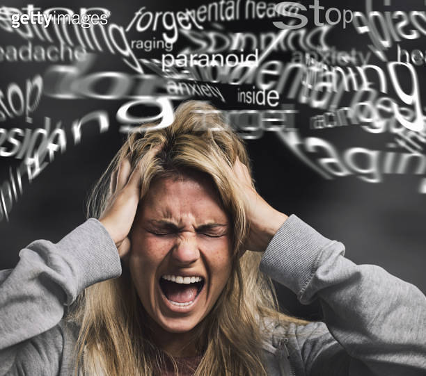 Anxiety, schizophrenia and woman with mental health, stress and ...