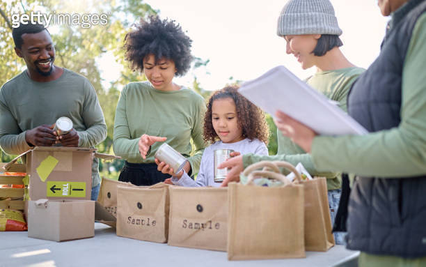 Volunteering, charity food and team with child for sustainability ...