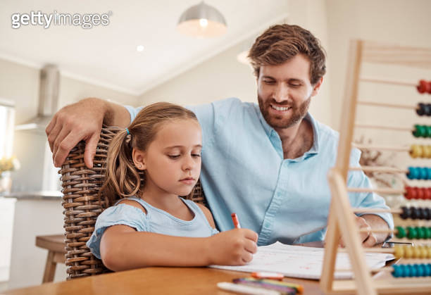 Student, writing and learning girl with dad teacher help with math ...