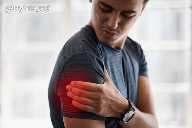Fitness, medical or man with shoulder pain overlay in gym for exercise ...