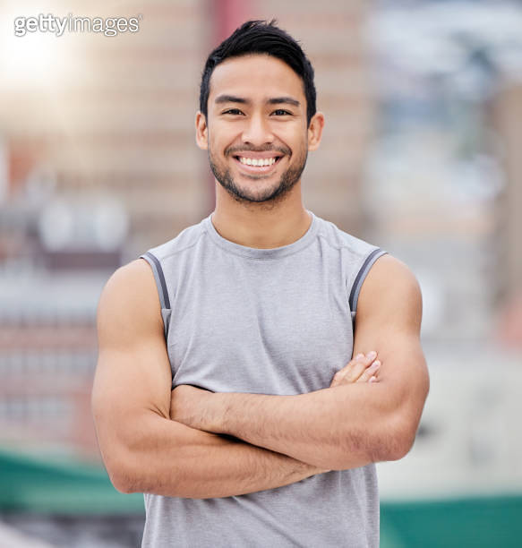 Happy personal trainer, portrait of strong man and body goals for ...