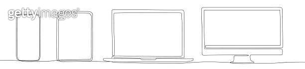 One line screen mockup devices. Monitor smartphone, tablet, laptop and ...