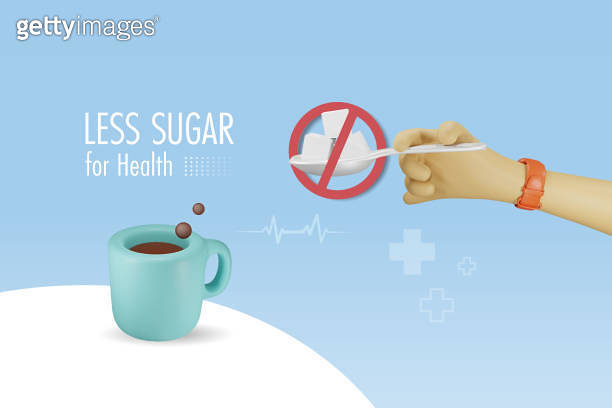 Sugar free, eat less sweet for health. Hand holding spoon of sugar cube ...