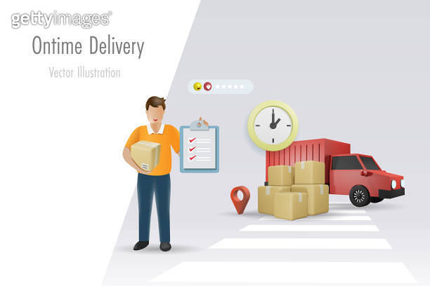 On time delivery. Delivery man holding shipment box and tracking paper ...