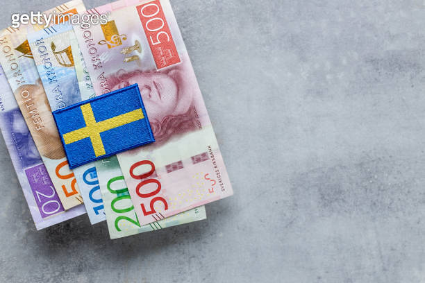 Sweden money and national emblem, Gray background, copy space, flat lay ...