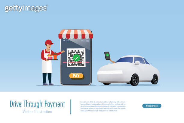 Drive through payment on smartphone app. Car driver scanning qr code ...