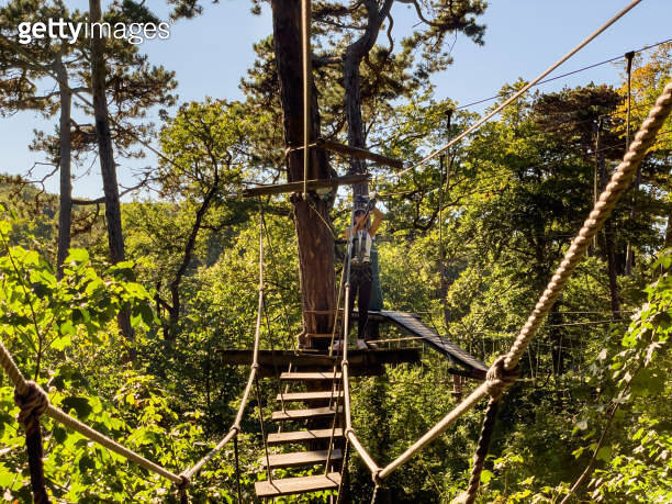 A people walks a rope bridge between trees in an amusement park in ...
