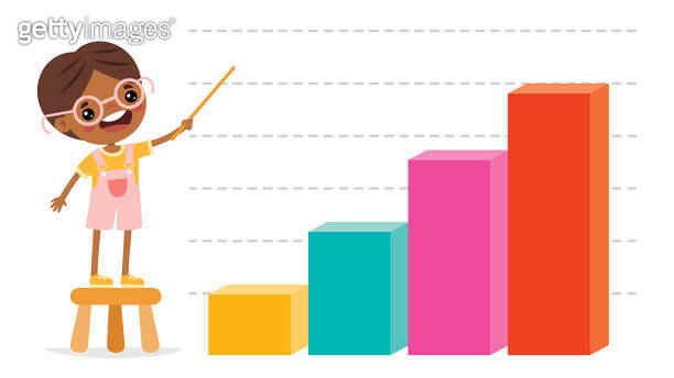 Cartoon Kid Showing Bar Graph (1616087415) - 게티이미지뱅크