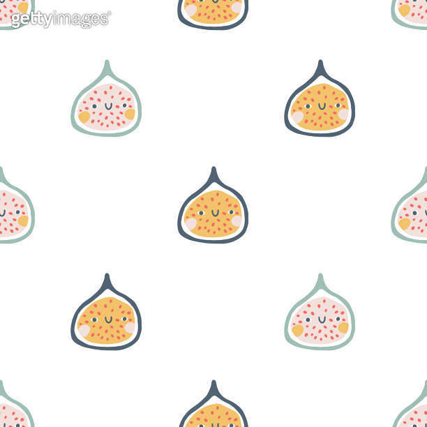 Fig character seamless pattern with smiley face. Hand-drawn cartoon ...