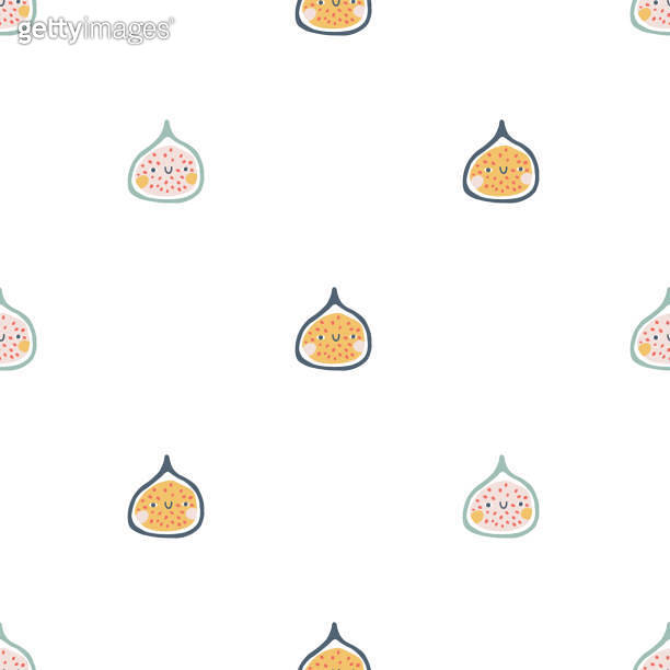 Fig character seamless pattern with smiley face. Hand-drawn cartoon ...
