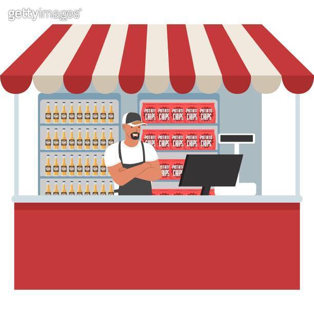Potato chips and beer drink street market icon vector salesman at ...