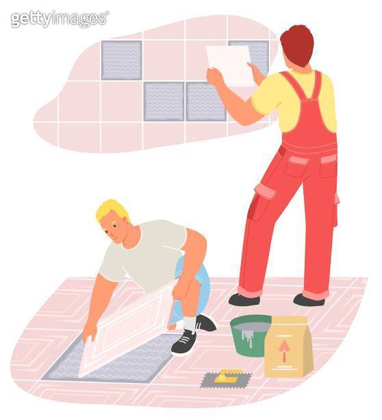 Tiling master team putting floor and wall ceramic tile vector 이미지 ...