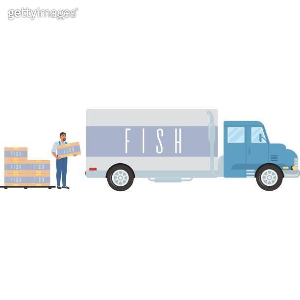 Fish production icon flat cartoon vector man loading food truck ...