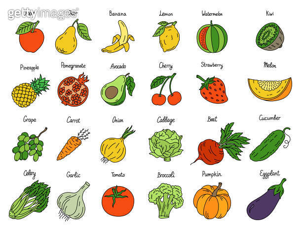 Fruits and vegetables with the title. Set of color vector icons ...
