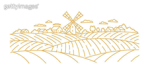 Landscape fields with a windmill. Village arable land. Vector line ...