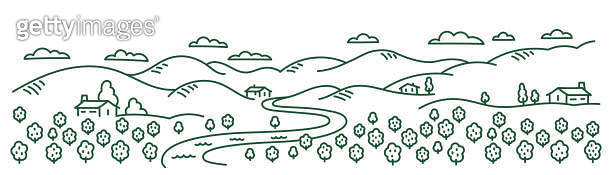 Rural orchard landscape. Countryside garden trees. Editable outline ...