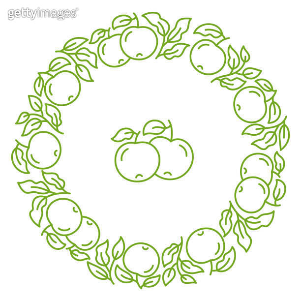 Apple fruit circle frame line ornament. Editable outline stroke. Vector ...