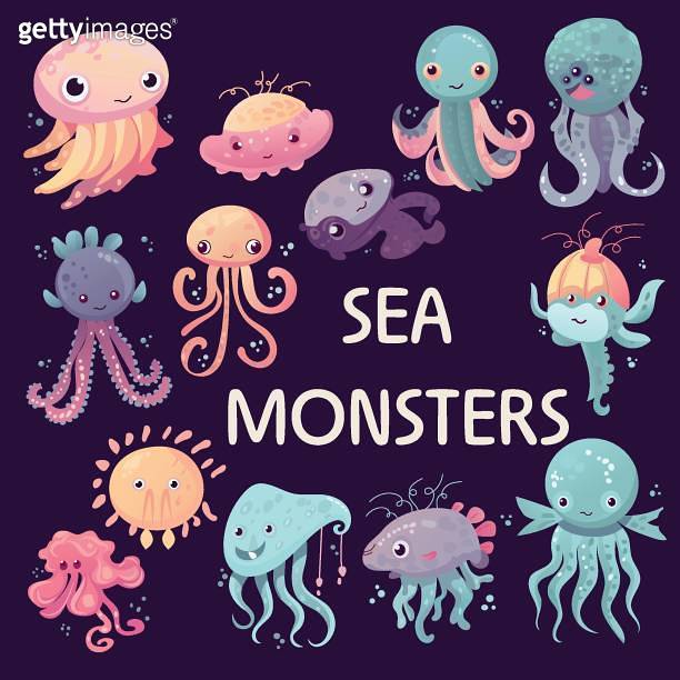 Happy and funny sea cartoon octopus monster swimming and looking on ...