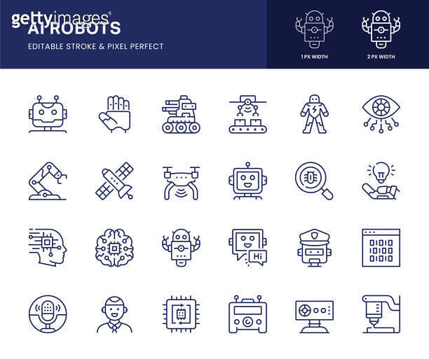 AI Robots Line Icons. This icon set consists of Weaponized Robot ...