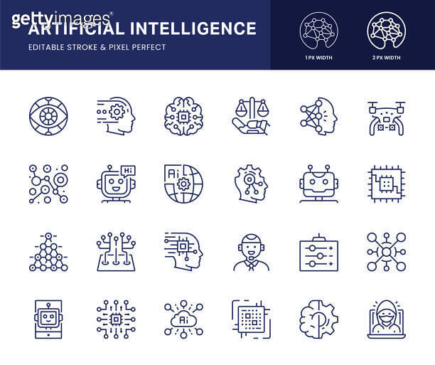 Artificial Intelligence Line Icons. This icon set consists of Pattern Recognition, Machine ...
