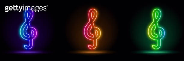 Vector 3d render, blue neon treble clef shape, empty space, ultraviolet ...