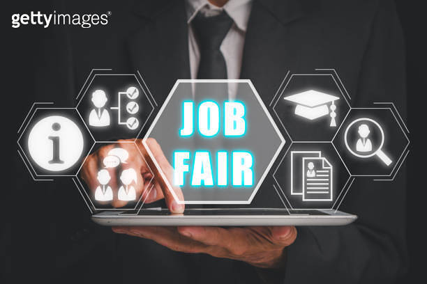 Job fair concept, Businessman using digital tablet with job fair icon ...