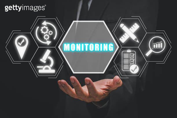 Monitoring concept, Businessman hand holding monitoring icon on virtual ...