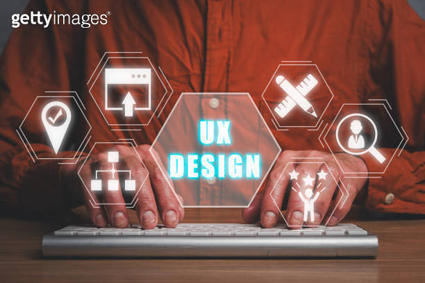 UX design concept, Businessman hand typing keyboard computer on office ...