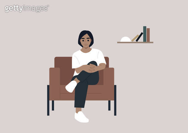 A young Caucasian character resting in a leather armchair, a relaxed ...