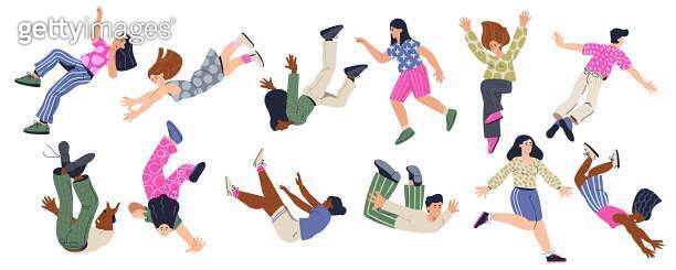 Falling characters. Cartoon flying male and female characters, floating ...