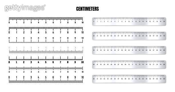 Realistic metal rulers with black centimeter scale for measuring length ...