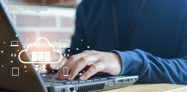 close up network engineer man connect to cloud server to synchronize data for backup on storage ...