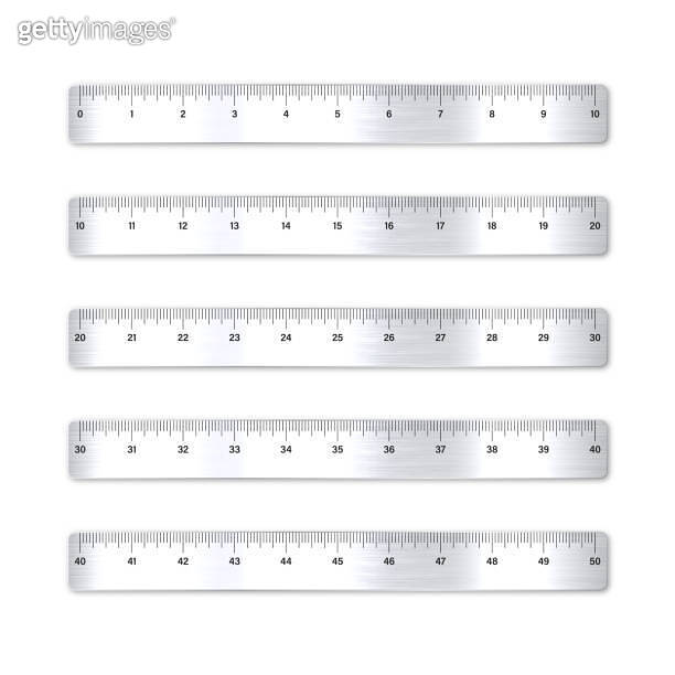 Realistic various brushed metal rulers with measurement scale and ...