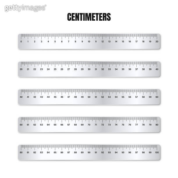 Realistic various shiny metal rulers with measurement scale and ...