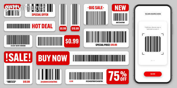 Product barcodes. Smartphone application, scanner app. Sale stickers ...