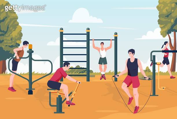 Outdoor workout group. People running and stretching, fitness athletes ...