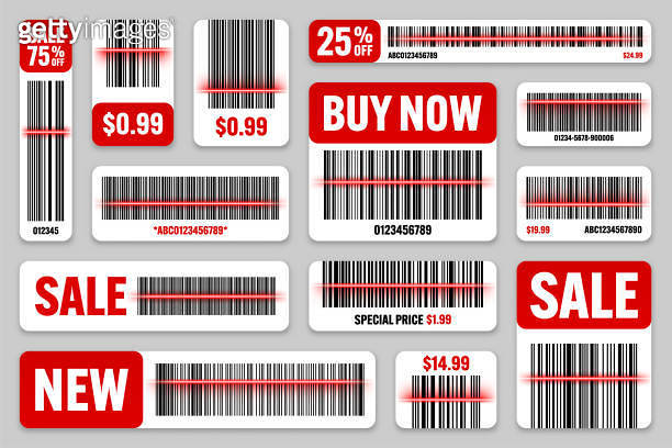 Set of product barcodes with red scanning line. Sale stickers, discount ...
