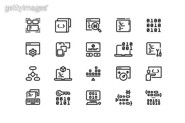Coding line icons. Program code editing, running and debugging ...