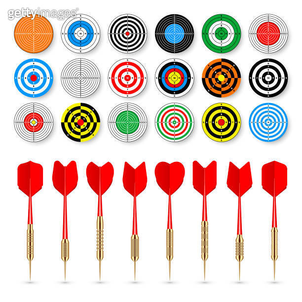Paper targets with dart arrows and shadows. Shooting range round target ...