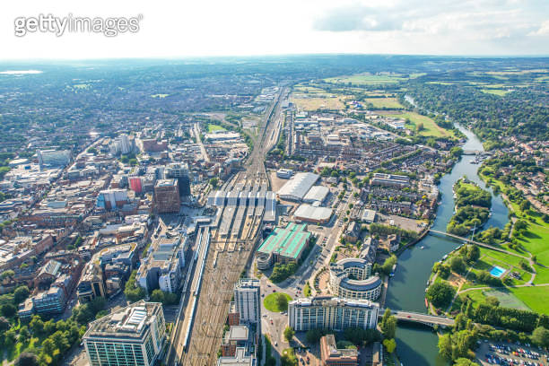 amazing aerial view of the downtown and railway station of Reading ...