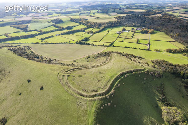 Amazing aerial view of the Beacon Hill Iron Age Hill Fort, located in ...