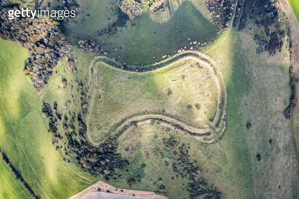Amazing aerial view of the Beacon Hill Iron Age Hill Fort, located in ...