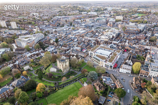 beautiful aerial view of the Guildford Castle and town center of ...