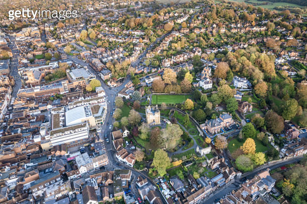 beautiful aerial view of the Guildford Castle and town center of ...
