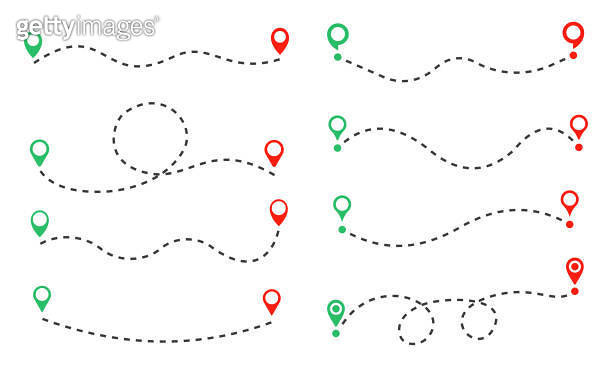 Path with location pins. Dotted distance from one point to another ...