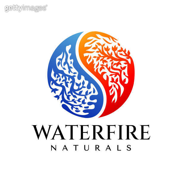 Illustrative nature water fire design. Luxury plant leaf droplet flame ...