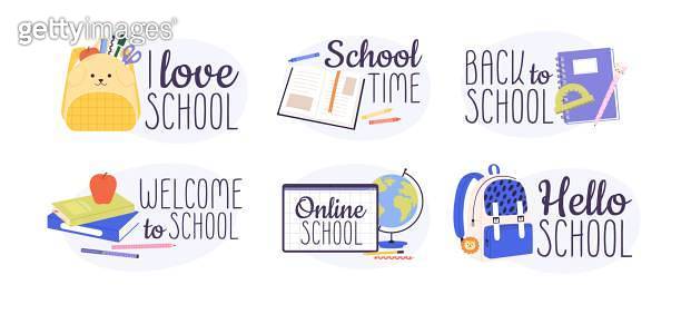 Back to school badges. Educational stickers, cool fashion cartoon logos ...