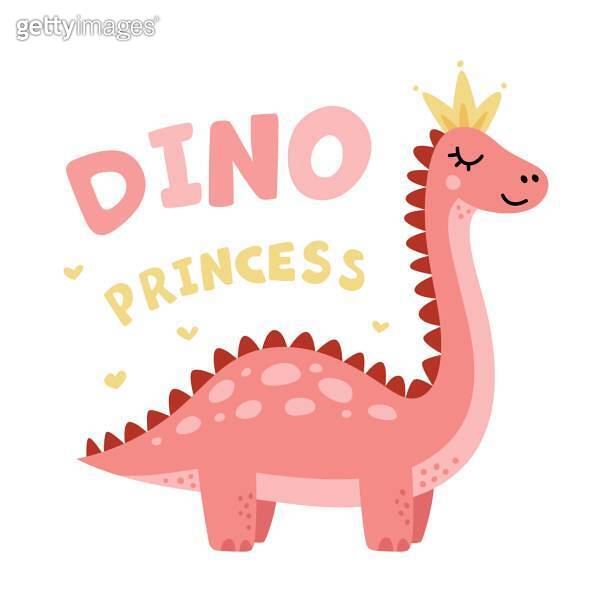 Dino princess character in crown, pink girl card template. Funny cute ...