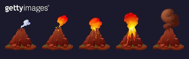 Eruption volcano stages. Nature cataclysm, erupting process step by ...